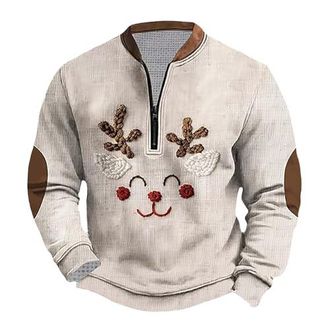 Generic Sweats à capuche pour homme - Style décontracté - Imprimé Père Noël 3D - Fermeture éclair - Manches longues - Pull dhiver - Coupe ajustée, beige, 3XL