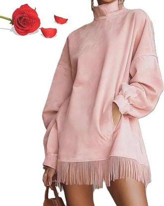 Generic Robe à col roulé en faux daim avec ourlet à franges et col montant - Manches longues - Patchwork décontracté en velours - Mini robe ample, rose, 3XL