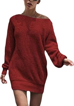 Minetom Robe Pull Femme Couleur Unie Manches Longues &Eacute;paules D&eacute;nud&eacute;es Robe Tricot&eacute; Automne Hiver Chandail Mini Robe Rouge M