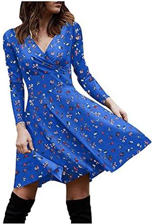 Generic 2025-Robe Vintage Femme Manches Longues- Robe Fleurie Col en V Sexy Casual Fluide Chic Et Élégants Tempérament Mi Longue Confortable Ample Style Doux 