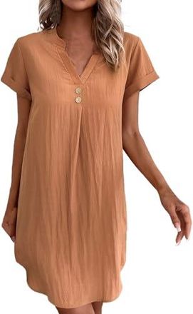 Generic Robe t-shirt d&eacute;t&eacute; d&eacute;contract&eacute;e pour femme avec col en V et manches courtes en lin - Robe de soleil fluide de style boh&egrave;me, robe ample pour la plage, l
