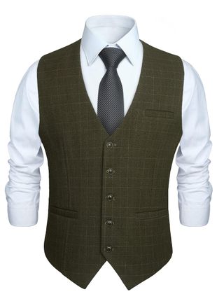 Hisdern Herren Grün formale Hochzeit Party Weste Baumwolle Plaid Check Burgund Kleid Anzug Weste
