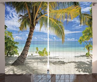 Abakuhaus Tropisch Rustikaler Vorhang, Palmen Küste, Wohnzimmer Universalband Gardinen mit Schlaufen und Haken, 280 x 260 cm, Kokosnuss Blau