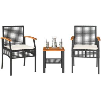 vidaXL vidaXL 3-tlg. Bistro-Set mit Kissen Schwarz Poly Rattan Akazienholz