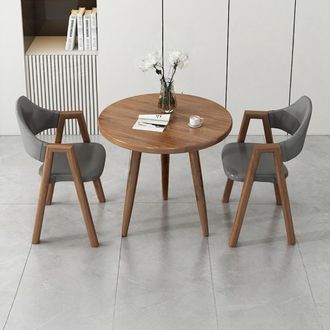 Generic Runder Empfangstisch Und 2 St&uuml;hle Im Set - Moderne Holzmaserung Mit PU-Ledersitzen for B&uuml;ro Oder Lounge(Dark Gray Chairs+Walnut Table)