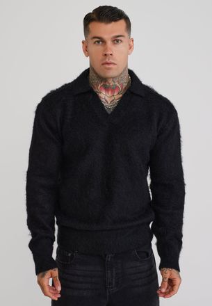 Siksilk Herren Schwarzer Gestrickter Polo Pullover XL