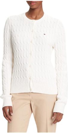 Tommy Hilfiger Damen Strickjacke Cardigan Co Cable Mid Slim Fit, Wei&szlig; (Ivory Silk), XL