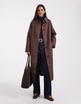 Asos car coat trench long effet brillant avec doublure contrastante bleue en chocolat-Marron