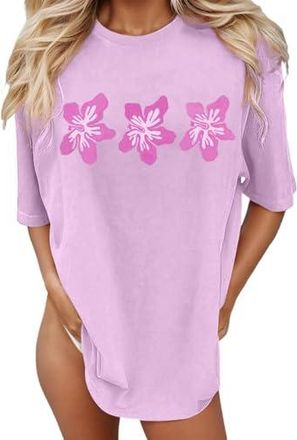 Generic T-shirt pour femme T-shirt Plage T-shirts graphiques surdimensionn&eacute;s pour femmes Baggy Chemises esth&eacute;tiques Hauts de vacances d&eacute;t&eacute;, Rose clair, XXL
