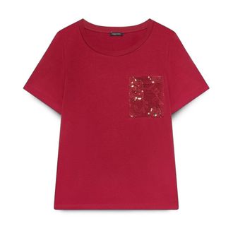Fiorella Rubino Baumwoll-T-Shirt mit H&auml;kel-Tasche und Pailletten - - Tops - Damen - Rot - 2XL