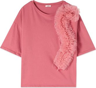 Oltre Femme, Tops, Rose, Taille: 40 FR T-shirt avec application en tulle