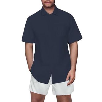 Generic T-shirt en lin blanc pour homme - Chemise en lin &agrave; manches courtes - Chemise en coton boutonn&eacute;e - Coupe ajust&eacute;e - Pour homme, bleu marine, 4XL
