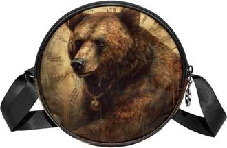 Generic Sac &agrave; bandouli&egrave;re rond pour femme, motif ours vintage, petit sac &agrave; bandouli&egrave;re avec fermeture &eacute;clair, bretelles r&eacute;glables, sac &agrave; main rond d&eacute;contract&eacute;