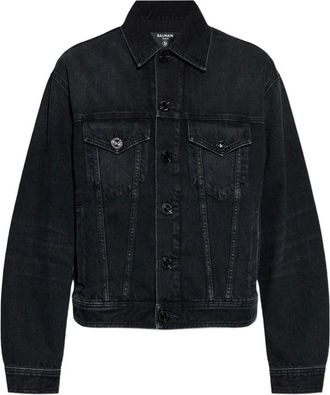 Balmain Homme, Vestes, Noir, Taille: L Veste en jean boutonn&eacute;e &agrave; col