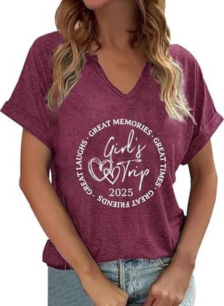 Generic T-shirt d&eacute;t&eacute; ample pour femmes 2025 avec col en V pour femmes, haut de gym, sorties, t-shirt graphique d&eacute;contract&eacute;, mignon, vacances, t-shirts basique