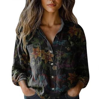 Generico Chemise Femme &Eacute;l&eacute;gante d&Eacute;t&eacute;, Blouse en Lin pour Femme en Forme de Courbe avec Manches Longues, Fleurie, Mode, Blouse avec Col en V, Chemises &Eacute;l&eacute;gantes