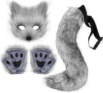 Dreshow Queue de Renard en Fausse Fourrure Masque en peluche Chat Loup Duveteux Halloween Costume De F&ecirc;te Gants &agrave; Pattes de Chat Cosplay Ensemble pour Femme