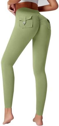 Generic Legging avec effet lifting des fesses pour femme, leggings cargo, pantalon dentra&icirc;nement et de course taille haute avec poches lat&eacute;rales, noir, Vert c