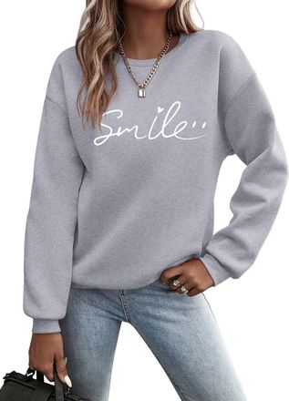Minetom Pullover Damen Herbst Winter Sweatshirt Rundhals Langarm Pulli Frauen Oberteil Sweatshirts ohne Kapuze B Grau XXL