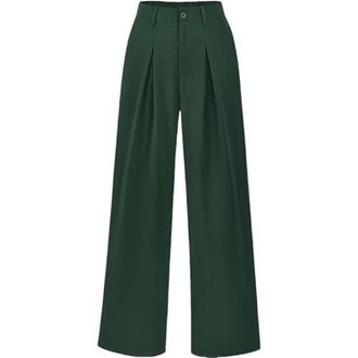 Generic Pantalon large taille haute pour femme, coupe ample, taille élastique, pantalon plissé sur le devant, pantalon palazzo de travail de bureau, vert fonc