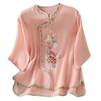 Generic Floral Embroidered Blouse Tops Retro Chinese Frog Button Tees Traditional Collar T-Shirts
