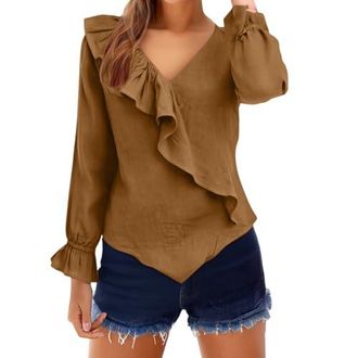 Generic Hauts en lin pour femme - Haut &agrave; manches longues en coton - Coupe ample - Chemise l&eacute;g&egrave;re &agrave; manches lanternes - Couleur unie - Bordure asym&eacute;trique - Ha