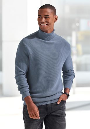 H.I.S Rollkragenpullover H.I.S, Herren, Gr. XXL (60/62), blau, Strick, Obermaterial: 50% Baumwolle, 50% Polyacryl, regular fit, Rundhals, B&uuml;ndchen, Pullover