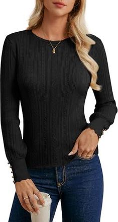 Grace Karin Pull à manches longues et col rond pour femme - Style décontracté - Automne et hiver - Élégant, Noir, S