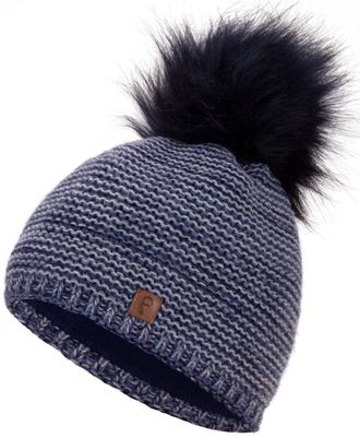 Faera Winterm&uuml;tze M&uuml;tze Damen warm gef&uuml;ttert Kunstfell Bommel Bommelm&uuml;tze Fleecefutter Winter Strickm&uuml;tze Beanie M&uuml;tze 31, Farbe:Dunkelblau