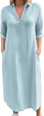 Generico Robe en coton &agrave; manches longues avec col en V et poche pour femme - Style d&eacute;contract&eacute; et de loisirs - Coupe confortable et design moderne, bleu, XX-La