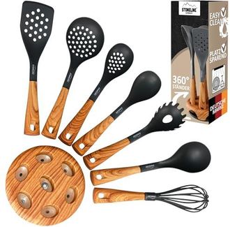 STONELINE Back to Nature Set dUstensiles de Cuisine, Lot de 8 avec Ustensiles de Cuisine et Support de Rangement Rotatif, pour Po&ecirc;les et Casseroles &agrave; Rev&ecirc;tement