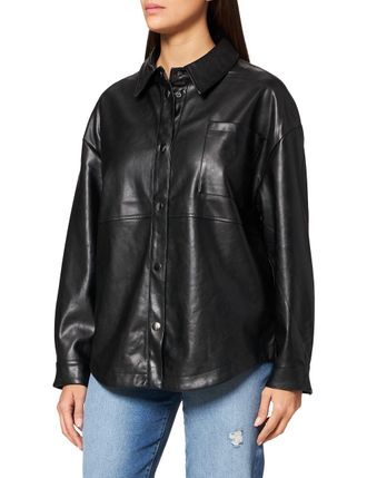 Urban Classics Damen Hemd Ladies Faux Leather Overshirt Black 5XL