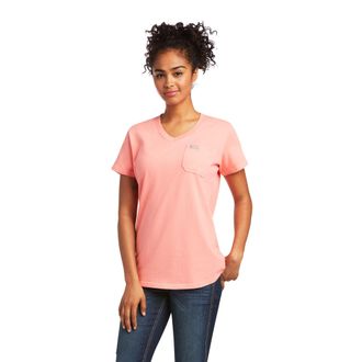 Ariat Womens Rebar Cotton Strong V-Neck T-Shirt in Summer Melon, Size X-Small, by Ariat