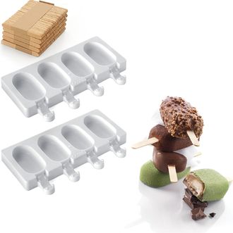 Silikomart | GEL01M Silikon-Eisformen-Set MINI CLASSIC, antihaftbeschichtet, 4 Kavit&auml;ten, Packung mit 2 Kuchenformen + 50 Holzst&auml;bchen, Easy Ice Cream, 73 x 38 h