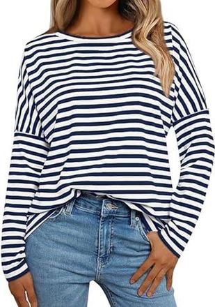 Generic Sweat-shirt surdimensionn&eacute; ray&eacute; aux couleurs contrast&eacute;es pour femme, d&eacute;contract&eacute;, charmant, &eacute;l&eacute;gant, col rond, manches longues, chemises Y2K, coupe am