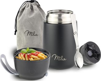 Milu Thermobehälter für Essen 650ml, Edelstahl Warmhaltebehälter mit Löffel, Thermobecher Essen, Thermo Lunchbox für Kinder, Erwachsene, Thermobox Suppen, 