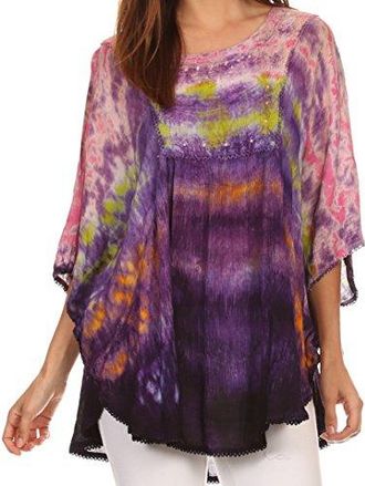 Sakkas 15031 - Lepha Long et Large, Multicolore Tie Dye Sequin brod&eacute; Poncho Top Blouse - Pink - OS
