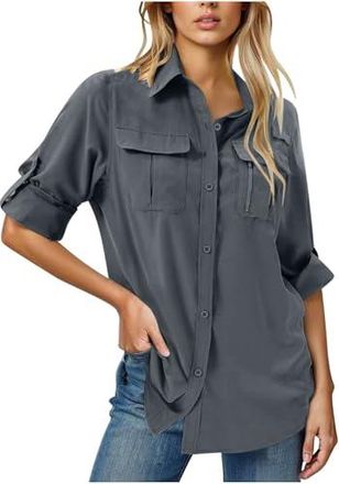 Generic Chemise de randonn&eacute;e pour femme - Protection UV UPF 50 - Manches longues - Col en V - Boutonn&eacute;e - Couleur unie - D&eacute;contract&eacute; - Haut de sport - Chemise