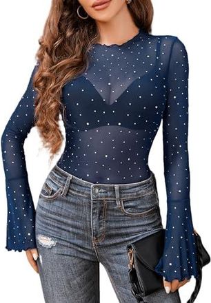 Avidlove Hauts en maille pour femme - Avec strass - Manches longues clochettes - Blouses à paillettes - Tenue de clubwear sexy, bleu, XXL