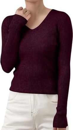 Generic Pull pour femme - Automne et hiver - Couleur unie - Col en V - Coupe ajust&eacute;e - Doux et confortable - Haut d&eacute;contract&eacute; &agrave; manches longues - Chemisier ex