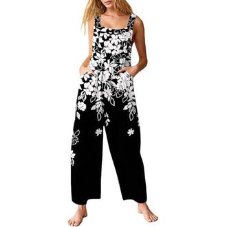 Generic Salopette pour femme - Sans manches - Jambe large - Style d&eacute;contract&eacute; - Style vintage boh&egrave;me - Imprim&eacute; floral et multicolore - Col carr&eacute; - Avec poches