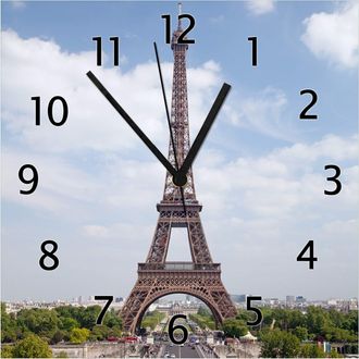 Wallario Design-Wanduhr Eiffelturm in Paris aus Glas, Motiv-Uhr Gr&ouml;&szlig;e 30 x 30 cm, Schwarze Zeiger