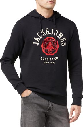 Jack & Jones Jack & Jones Herren Warmer Print Hoodie | Logo Sweater Pullover | Basic Kapuzen Sweatshirt JJELOGO, Farben:Schwarz, Gr&ouml;&szlig;e Pullover:M