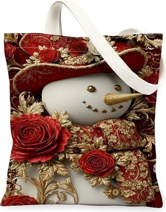 Generic Sacs fourre-tout en toile &agrave; motif floral de No&euml;l, sacs d&eacute;picerie r&eacute;utilisables, vintage, l&eacute;gers, lavables, Rouge, 13x15 Inch