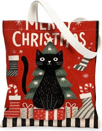 Generic Sacs fourre-tout en toile motif chat de No&euml;l, sacs d&eacute;picerie r&eacute;utilisables, sacs d&eacute;picerie rustiques, l&eacute;gers et lavables avec bandouli&egrave;re pour le shop