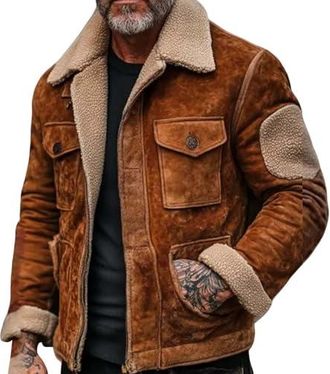 Generic Vestes en velours côtelé pour homme - Doublure en polaire Sherpa - Manteau dhiver thermique à col à revers avec 5 poches - Grande taille - Rembourré -