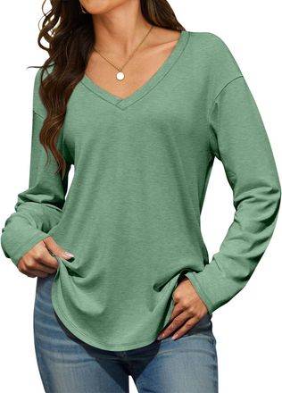 Onsoyours Damen Tiefer V-Ausschnitt Tshirt Langarm Tunika Herbst Winter Oberteile Casual Longshirt Basic Tops A Hellgr&uuml;n L