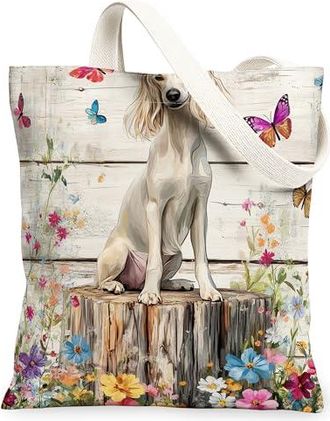 Generic Sac fourre-tout en toile motif chien Saluki printanier 33 x 38,1 cm, sac d&eacute;picerie r&eacute;utilisable pour femme, motif animal de compagnie, d&eacute;coration cade