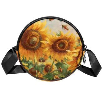 Generic Sac &agrave; bandouli&egrave;re rond pour femme, motif tournesol, abeilles, petit sac &agrave; bandouli&egrave;re avec fermeture &eacute;clair, bretelles r&eacute;glables, sac &agrave; main rond d&eacute;co