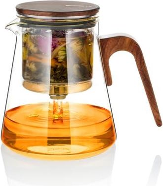 Zens Theiere avec infuseur, Magic th&eacute;i&egrave;re en verre avec Couvercle &agrave; succion magn&eacute;tique pour Th&eacute; en Feuilles vrac sans d&eacute;g&acirc;ts, manche en bois de noyer, cade